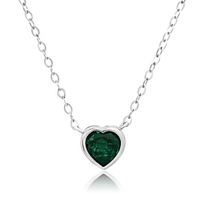 MAX + STONE Solid 14k White Gold Created Green Emerald Bezel Set Heart Pendant Necklace for Women with Spring Ring Clasp 5mm February Birthstone Necklace