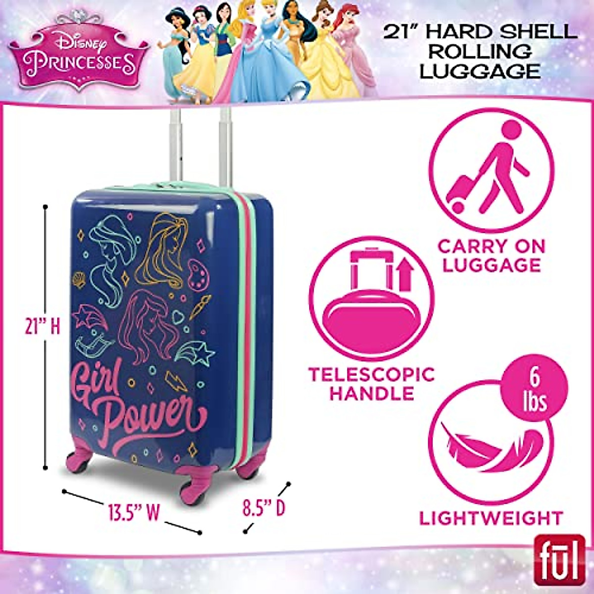 FUL Disney Princess Girl Power 21 Inch Kids Rolling Luggage, Hardshell Carry On Suitcase with Wheels, Multi, Blue (FCGL0028SAMEC-410)