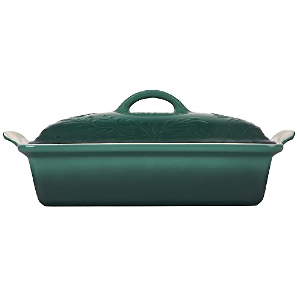 Le Creuset Olive Branch Collection Stoneware Heritage Covered Rectangular Casserole, 4 qt., Artichaut with Embossed Lid