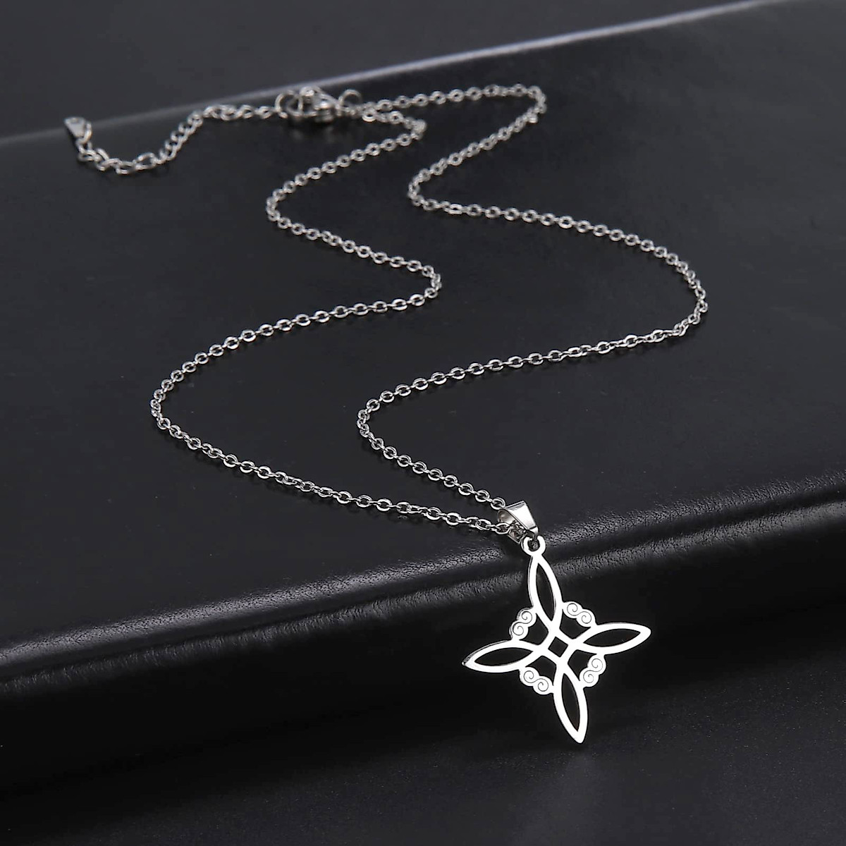 kkjoy Witches Knot Necklace Stainless Steel Magic Knot Pagan Wiccan Symbol Pendant 4-Pointed Celtic Knot Witchcraft Necklace for Women