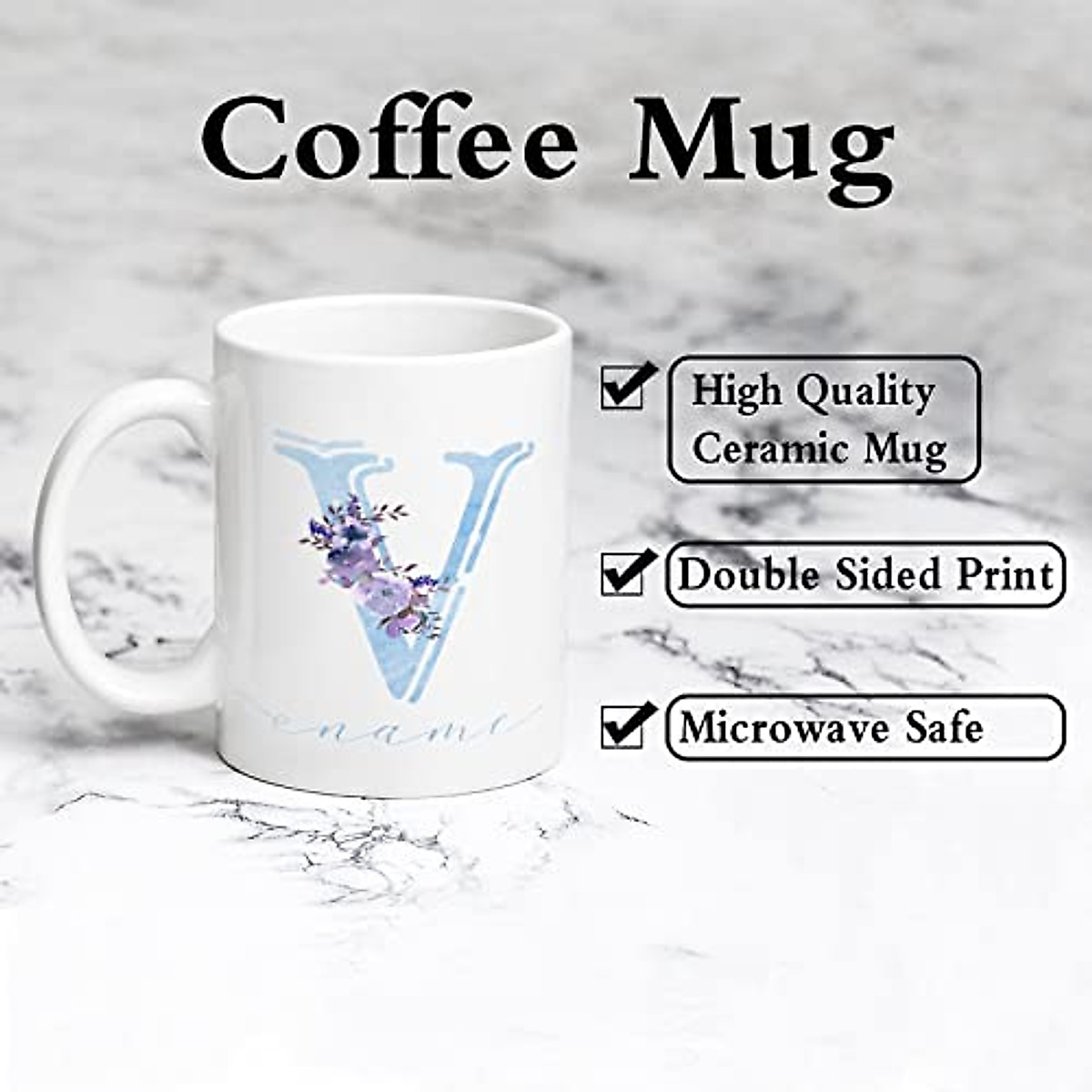 Monogram Letter V Coffee Mugs Watercolor Blue Letter Purple Flower Funny Coffee Mugs Alphabet Letters Ceramic Cup White Drinking Cups with Handle Novelty Gift For Espresso Latte Milk Tea 11oz
