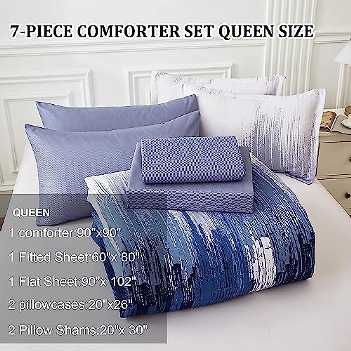 Navy Blue Comforter Set Queen,7 Pieces Bed in a Bag Colorful Abstract Art Gradient Comforter Soft Microfiber Bedding Set -1 Comforter, 1 Flat Sheet, 1 Fitted Sheet, 2 Pillow Shams,2 Pillowcases