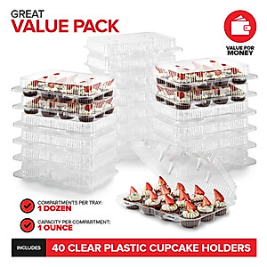 Stock Your Home Mini Plastic Cupcake Containers Disposable (40 Count) 12-Compartment Container with Connected Dome Lid Clear, BPA Free, For Small or Mini Sized Cupcakes
