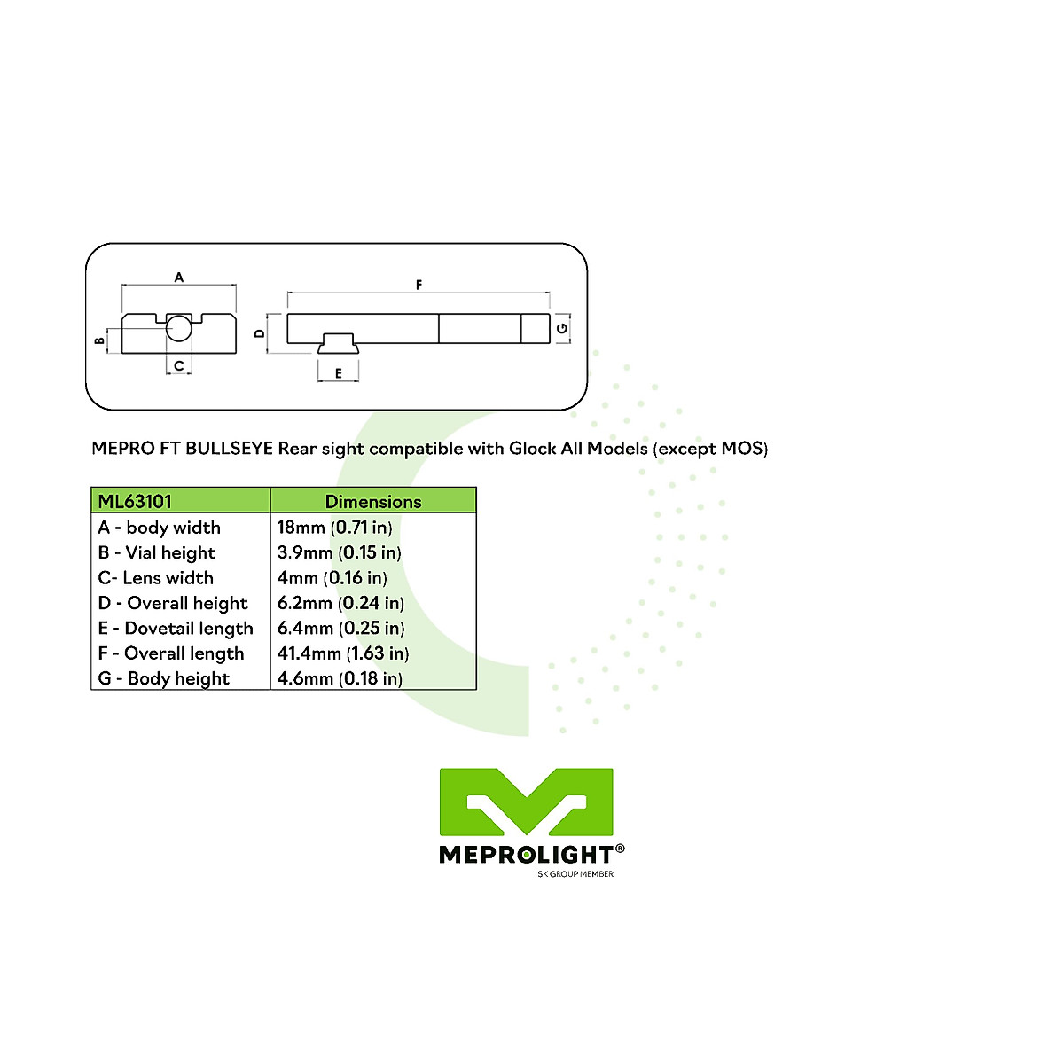 MEPRO FT Bullseye Rear, Fiber Optic and tritium Micro Micro red dot Night Sight Compatible with Glock 17 Glock 43x and More (Except MOS),Green
