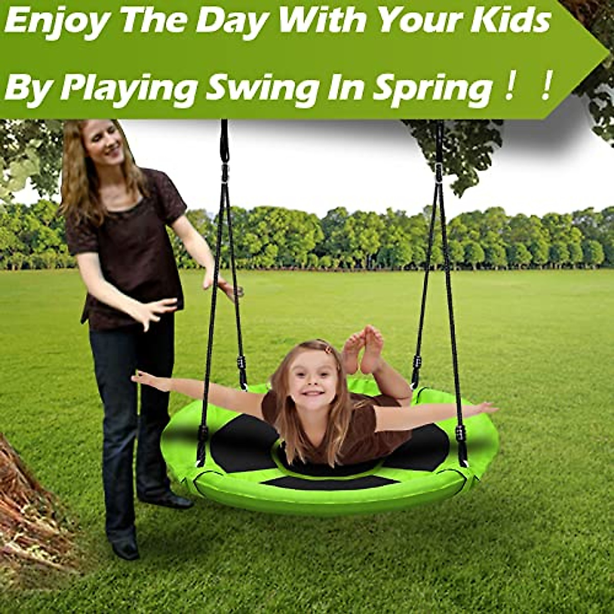 Hisecome 40 Inch Saucer Tree Swing Set for Kids & Adults, Adjustable Swing Sets for Backyard or Outdoor Playground 900D Oxford Fabric,Heavy Duty Round Swing Green & Black