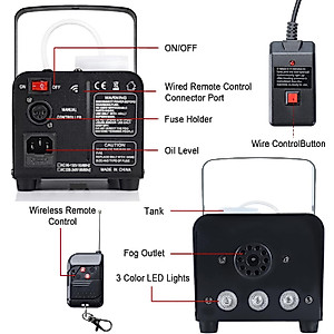 Fog Machine, Vangoa 500W Fog Smoke Machine with 3 LED Lights, 3000CFM Fog Disinfection with Wired Receiver and Wireless Remote Control, Perfect for Wedding Halloween Christmas Party Stage Effect