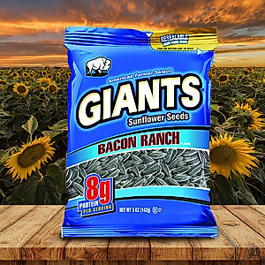Giants Bacon Ranch Sunflower Seeds, 5 oz Resealable Bag (Pack of 3) with By The Cup Bag Clip