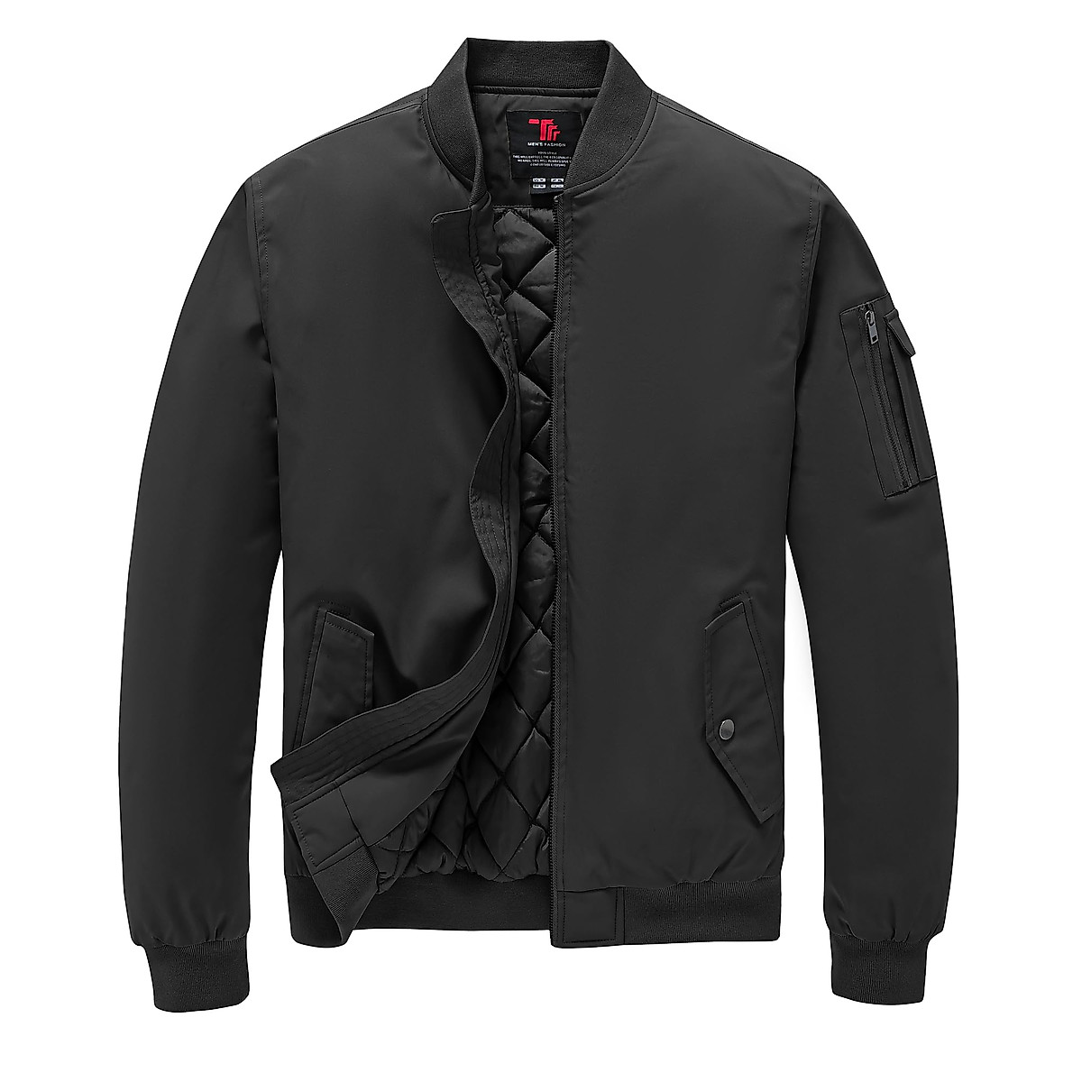 TBMPOY Men's Bomber Jacket Lightweight Winter Windbreaker Zip Up Padded Softshell Windproof Water-Resistant Casual Fall Coat Black XS