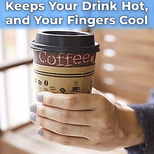 Leak-free Decorative 12Oz Disposable Coffee Cup 50Pk Set With Sleeves Lids and Stirrers. Recyclable and Stylish Brown Paper Cup Bundle for Party, Office, Business or Cafe Hot Beverages and Drinks.