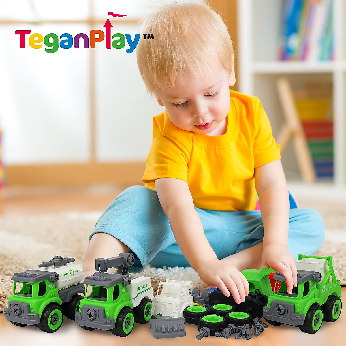 TeganPlay Take Apart Toys for 3 Year Old Boys | 4 Trucks Garbage - Sanitation Series with Screwdriver | Toddler Stem Kids Building Toy
