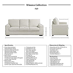 Lexicon Couch for Living Room, Chenille Sofa Couch with Solid Wood Frame and Nailhead Trim, Modern Couch, Upholstered Living Room Furniture, 3 Seater Couch, Beige​