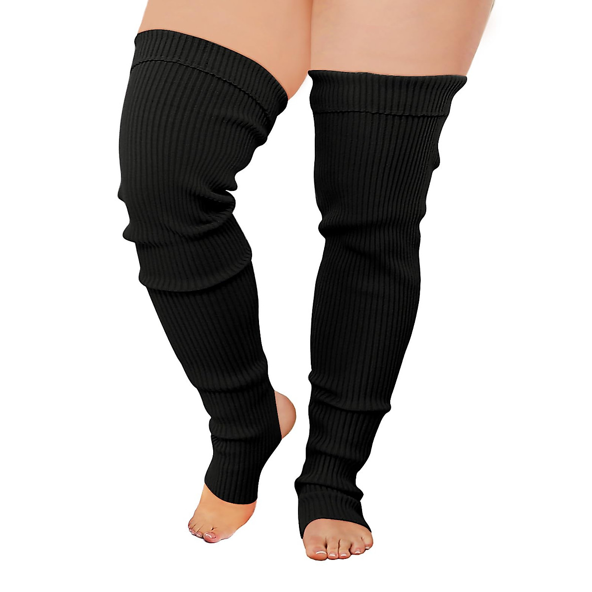 v28 Plus Size Knit Leg Warmer Women Thick Thigh High Boot Extra Long Large Socks(Plus Size- Black)