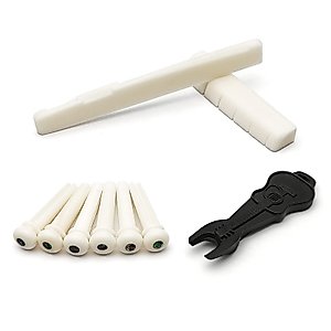 SAPHUE 6 String Acoustic Guitar White Bone Bridge Saddle and Nut & 6 Guitar Bridge Pins Made of Real Bone whith 1 Guitar Pins Puller, for Acoustic Folk Guitar