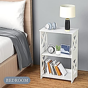 BYFU 3-Tier Side Table Set of 2, Narrow End Table with Storage Shelf, White Nightstand Bedside Table Small Bookshelf Bookcase Display Rack for Bedroom Bathroom Living Room Office