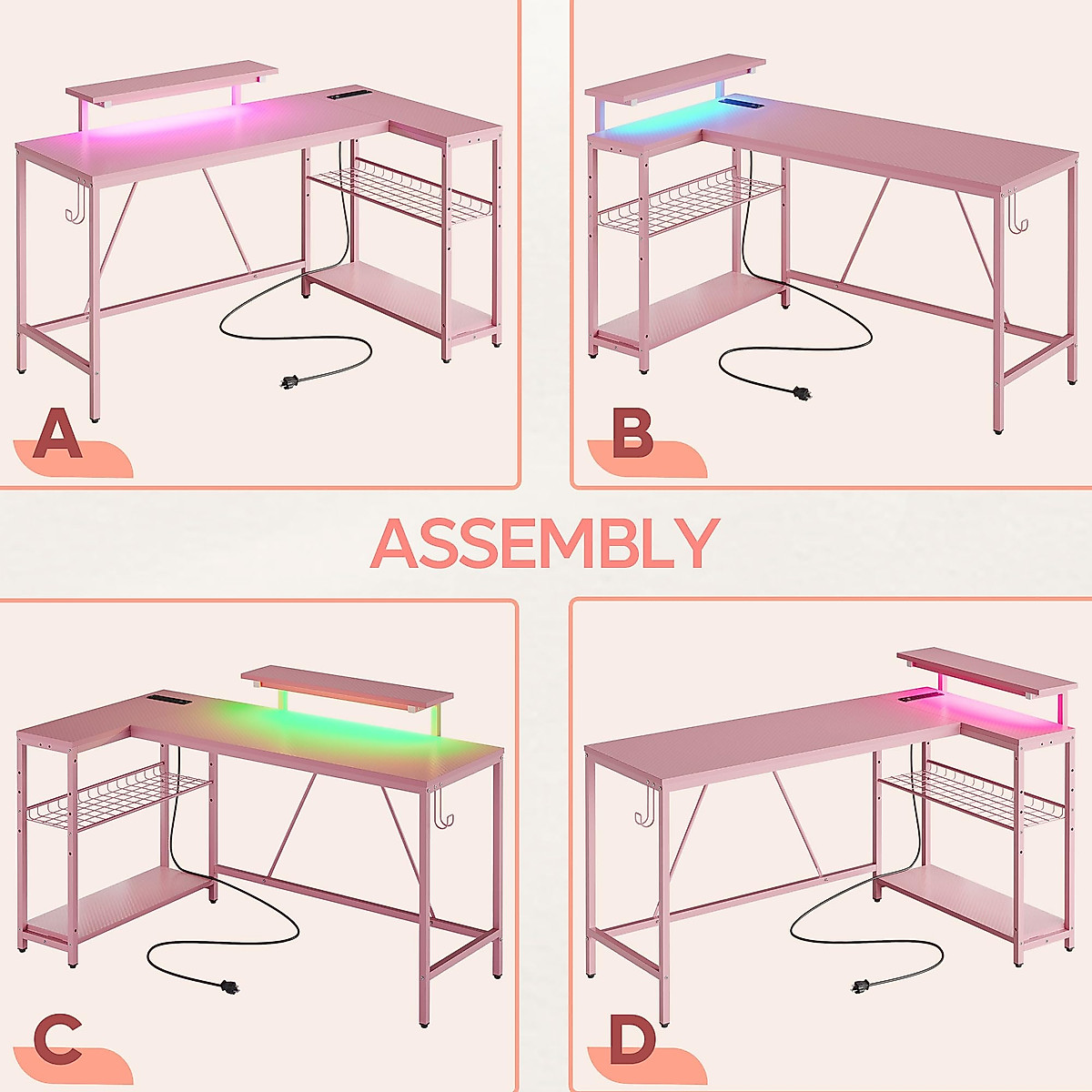 Bestier L Shaped Gaming Desk with Power Outlets,58 LED Small Corner Desk with Reversible Storage Shelves,Pink Computer Desk with Headset Hooks Desk for Living Room and Dormitory