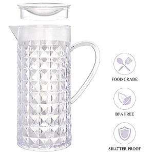AVLA 2 Pack Acrylic Pitcher, 42 OZ Clear Water Container with Lid, Drink Beverage Fridge Jug, BPA-Free, Shatter-Proof, for Iced Tea, Sangria, Lemonade, Juice, Milk, Premium Quality, Diamond Pattern