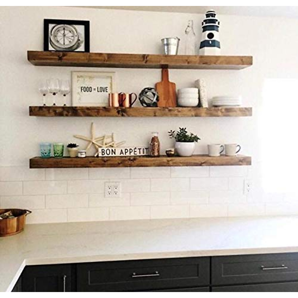 New England Wood Crafters Wooden Floating Shelves - Wall Decor for Home Kitchen, Bathroom, Bedroom - Rustic Pine Custom Office Organizer with Mounting Brackets - Set of 3 (7.5x1.5)(Special Walnut, 36)