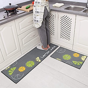 Carvapet 2 Pieces Non-Slip Kitchen Mat Set Rubber Backing Doormat Runner Rug Set, Lemon Design (Grey 15"x47"+15"x23")