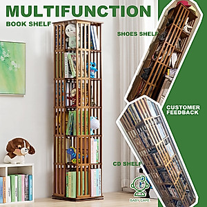 YOWOS Rotating Bookshelf Tower, 360 Display Spinning Bookshelf, Bamboo Bookshelf Floor Standing Storage Rack, Wood Narrow Book Shelf Organizer for Kids&Adults, Walnut 5 Tier