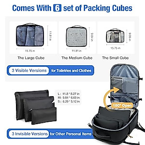 Lekeinchi Carry On Backpack for Airlines - 32L Large Travel Backpack with Shoe Compartment - 17 Inch Laptop Backpack with 6 Packing Cubes for Men for Business Trip, Black