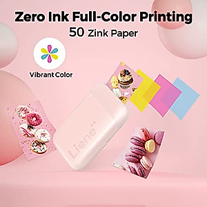 Liene Photo Printer, 2x3 Mini Instant Portable Instant Printer w/ 50 Zink Adhesive Paper, Bluetooth 5.0, Compatible w/iOS & Android, Small Photo Printer for iPhone, Smartphones, Pink