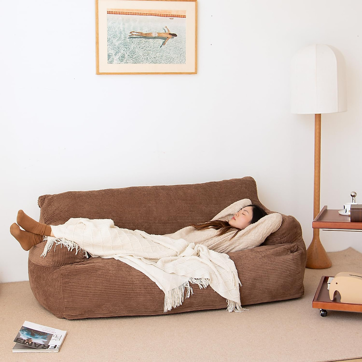 N&V Giant Twin Size Bean Bag Sofa, Foam Filling Floor Sofa, Includes Removable and Machine Washable Cover, Brown