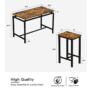 MIERES Dining Table Set for 4 - 5pcs Kitchen Counter with Bar Stools, Sturdy Metal Frame Home | Pub | Living Room | Breakfast Nook Furniture-34.7"H, Vintage Brown