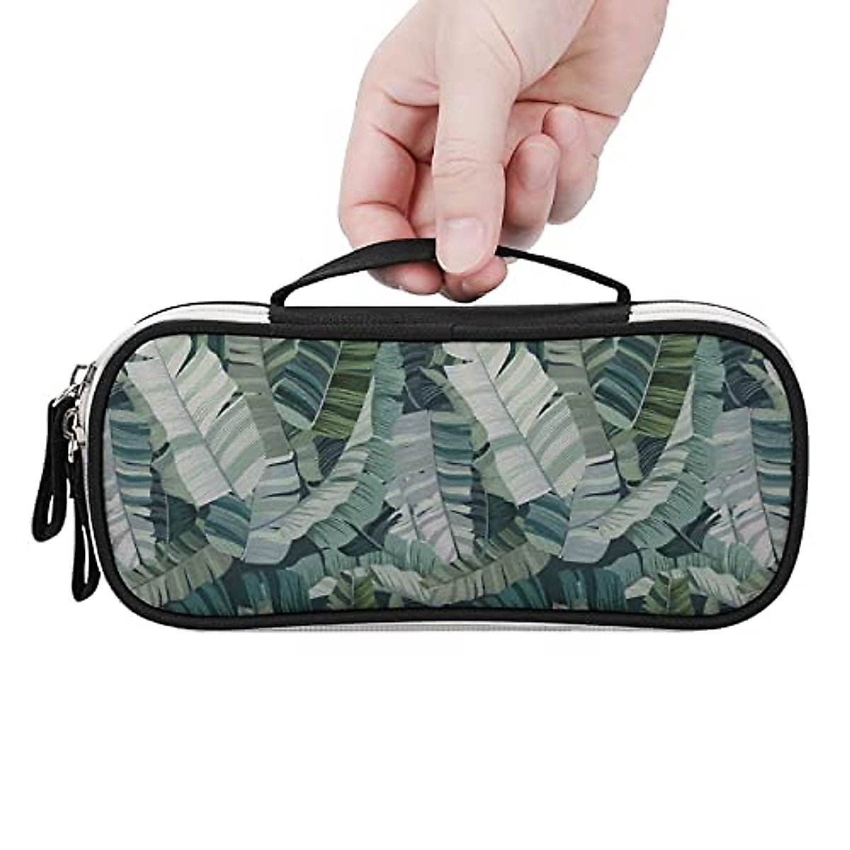 Tropical Camo Leaf PU Leather Pencil Pen Case Organizer Travel Makeup Handbag Portable Stationery Bag
