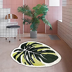 THRILRUG Monstera Leaf Area Rugs Non Slip Bath Mat Tufted Rug,Ultra Soft Washable Children Play Plant Leaves Shaped Kids Pets Floor Mat Carpet for Bedroom,Living Room Green 3.6'×4.7'