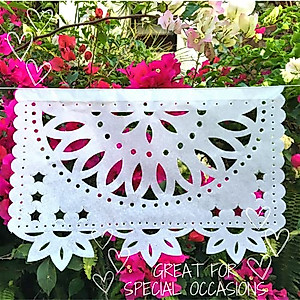 White Papel Picado Mexican Paper -5Pack- Medium Mexican White Banners -60 Panels Wedding Bridal Decorations Garland Flags 16 Feet Long Each Strip -Handmade by Mexican Artisans