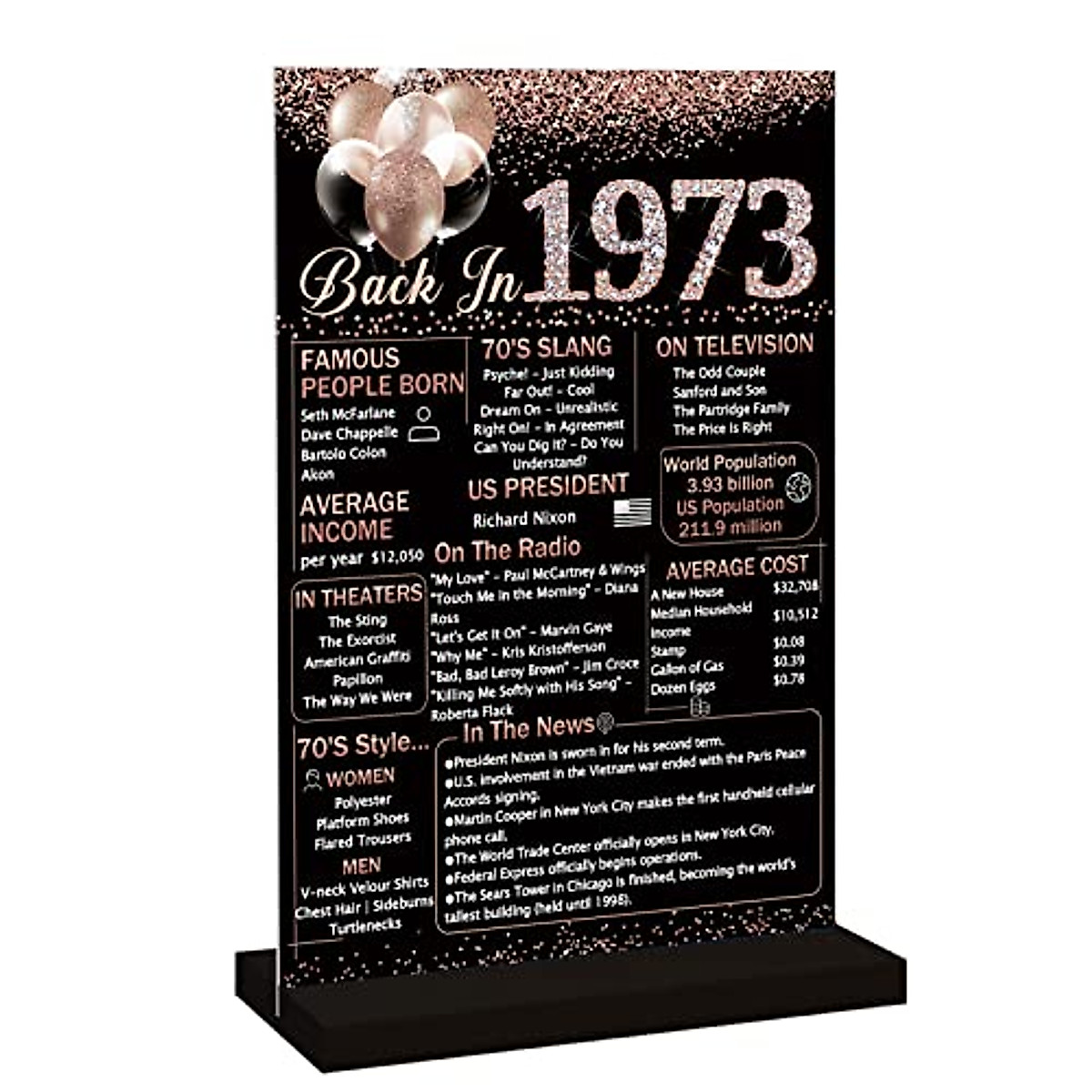 Vlipoeasn 50th Birthday Anniversary Table Decoration 1973 Poster for Women, Rose Gold Back in 1973 Acrylic Table Sign with Wooden Stand, 50 Year Old Birthday Party Centerpieces Gift Supplies