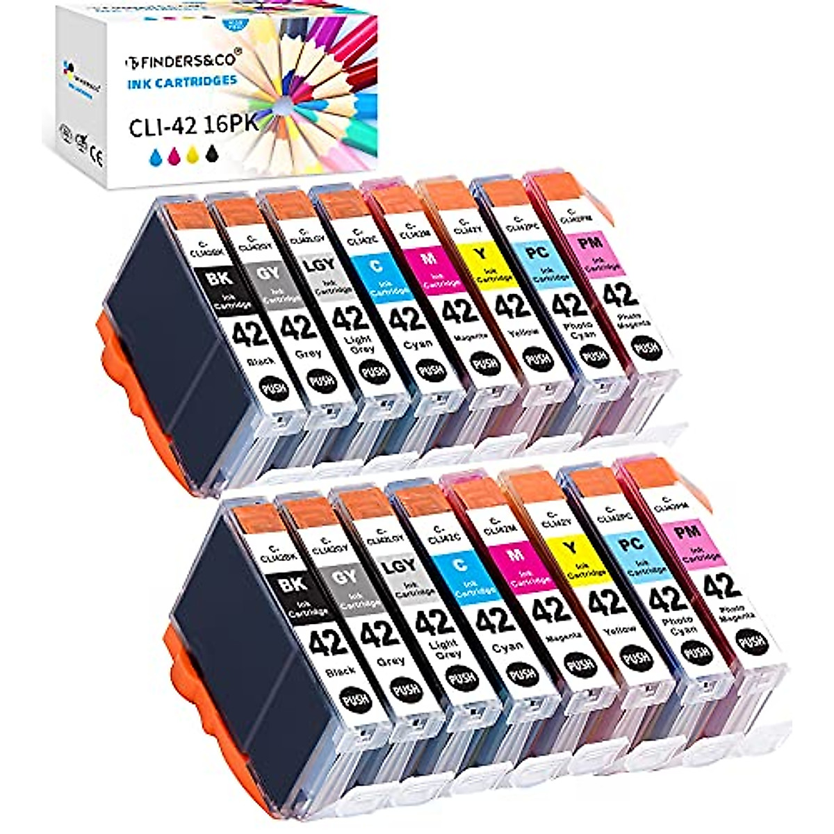 F FINDERS&CO Compatible Ink Cartridges Replacement for Canon CLI42 CLI-42 Ink for Canon Pixma Pro-100 Pro-100S Printer (2BK 2C 2M 2Y 2PC 2PM 2GY 2LGY, 16-Pack)