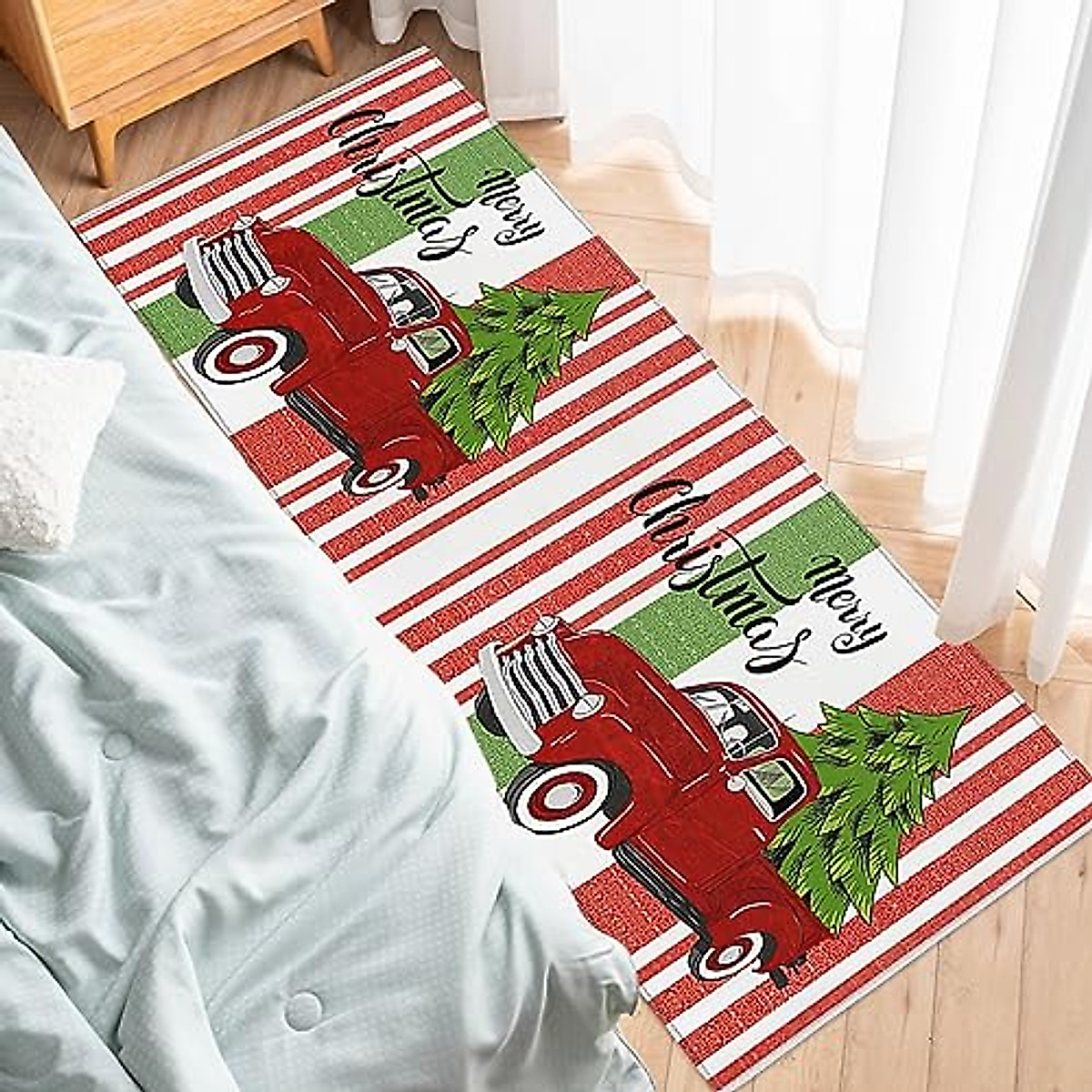 2 Pieces Kitchen Rugs and Mats Set, Christmas Truck Xmas Tree Red Green Stripe Kitchen Mats Cushioned Floormat Non Slip Runner Rug Set for Kitchen Laundry Entryway Decor, 15.7"x23.6"+15.7"x47.2"