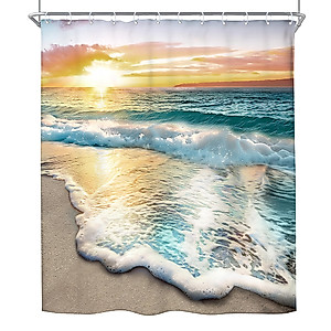 Riyidecor Ocean Coastal Hawaiian Sunrise Shower Curtain 72x84 Inch Sea Wave Summer Beach Seaside Scene Island Blue Fabric Set Waterproof 12 Pack Hooks BB-JWXP