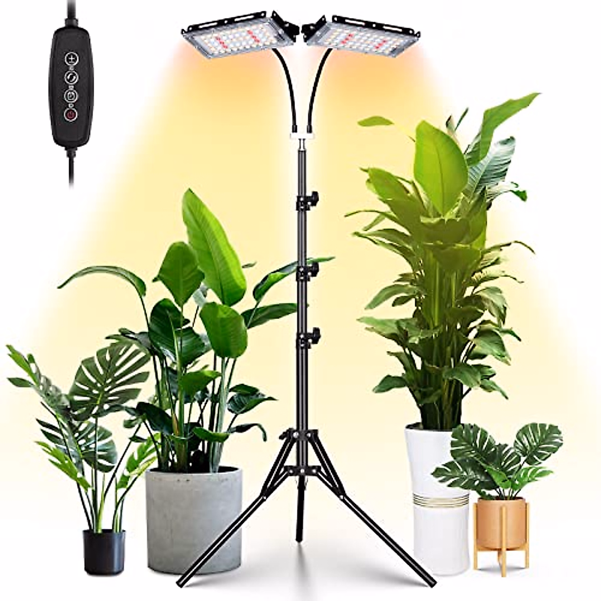 LORDEM Grow Light with Stand, Full Spectrum LED Plant Light for Indoor Plants, 200W Dual Heads Grow Lamp with Auto On/Off Timer, 3 Lighting Modes, 6 Dimmable Levels, Adjustable Tripod 15-63 inches