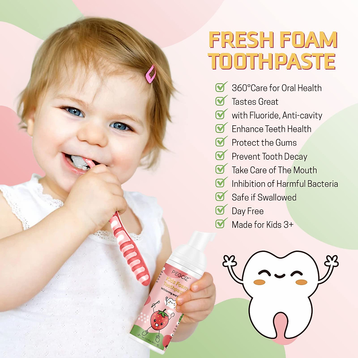 Foam Toothpaste Kids, Fluoride Free, Natural Formula Fruit Flavor Toothpaste, Toddler Toothpaste with Fruit Flavor for U Shaped Toothbrush Electric Toothbrush for Children Ages 3 Plus (Strawberry)