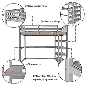 Merax Wood Loft Bed with Desk : Twin Size Loft Bed with 4-Storage Shelves and Under Bed Desk Solid Wood Bed, Grey
