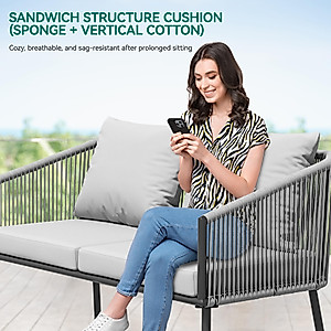 YITAHOME 4-Piece Patio Furniture Outdoor Bistro Set, All Weather Double Gray Rope Conversation Loveseat for Backyard, Balcony, Deck with Soft Cushions and Metal Table (Gray)