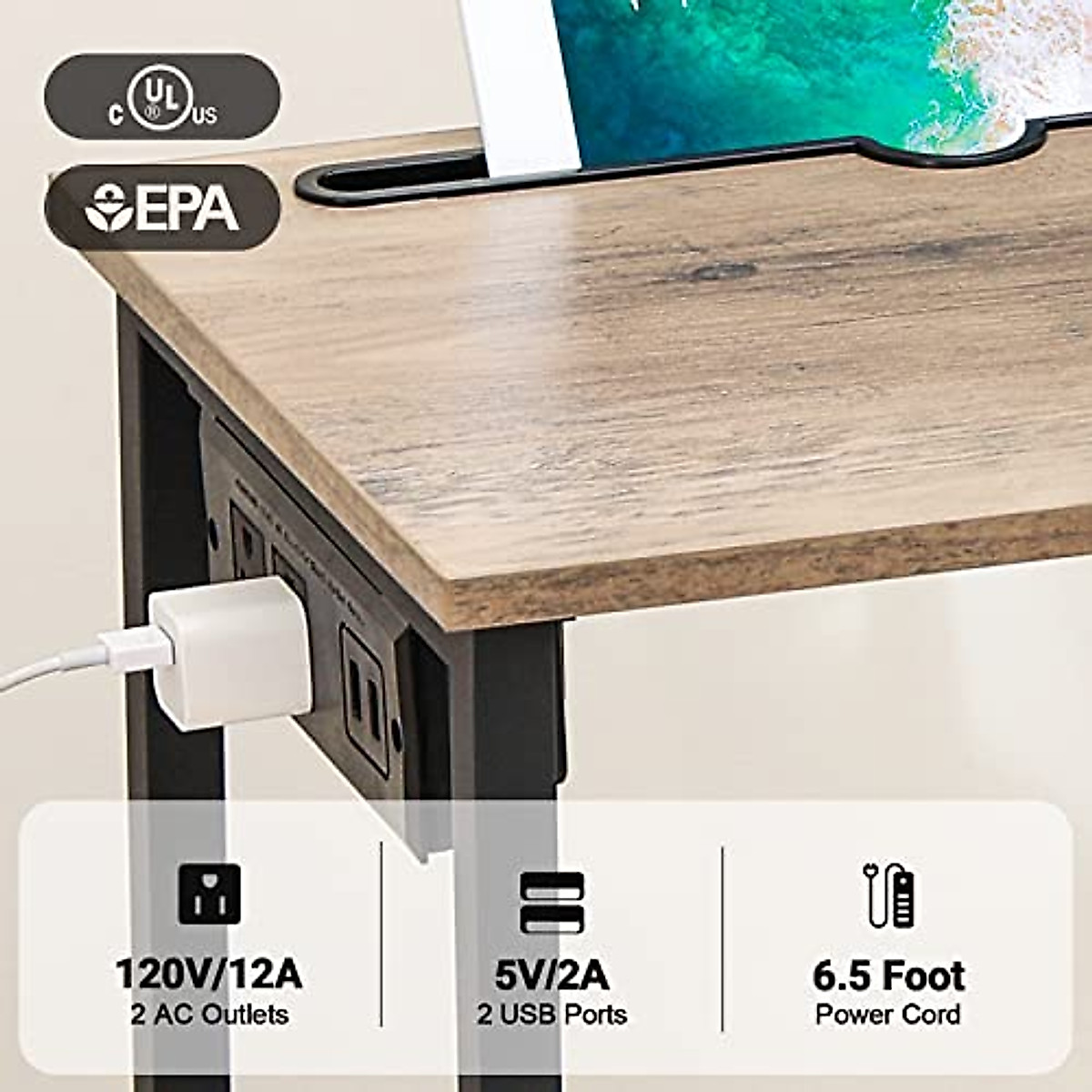 AMHANCIBLE Small Nightstand Set of 2, Side Tables with Charging Station, Night Stand with USB Ports and Outlets, End Tables for Small Space, 2-Tier Storage Shelf, Metal Frame HET032GY