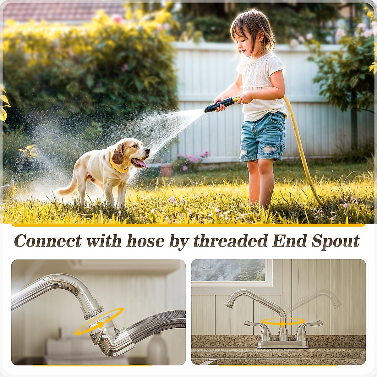 Phiestina Centerset 4-Inch 2 or 3 Hole Chrome Utility Sink/Laundry Faucet, with Rotatable Swivel 360° Spout and Threaded End, with Water Supply Line, BF025-7-C