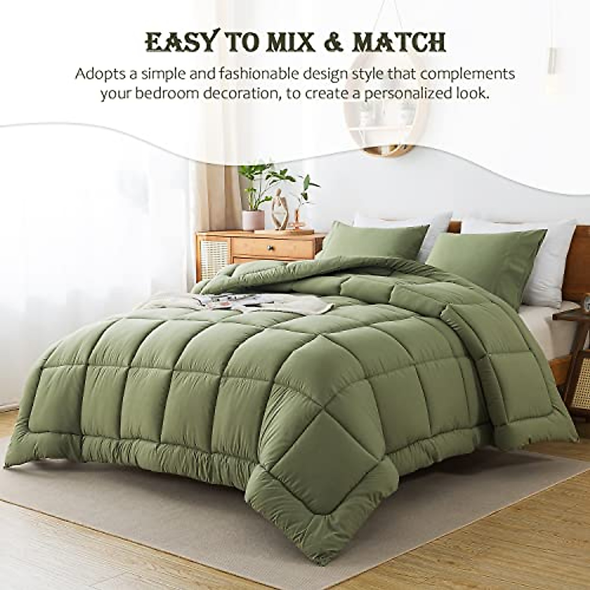 WhatsBedding King Size Comforter Set, Sage Green Lightweight All Season Soft Down Alternative Bed Comforter, 3 Pieces Bedding Set with 2 Pillowcases, King, 102"x90"