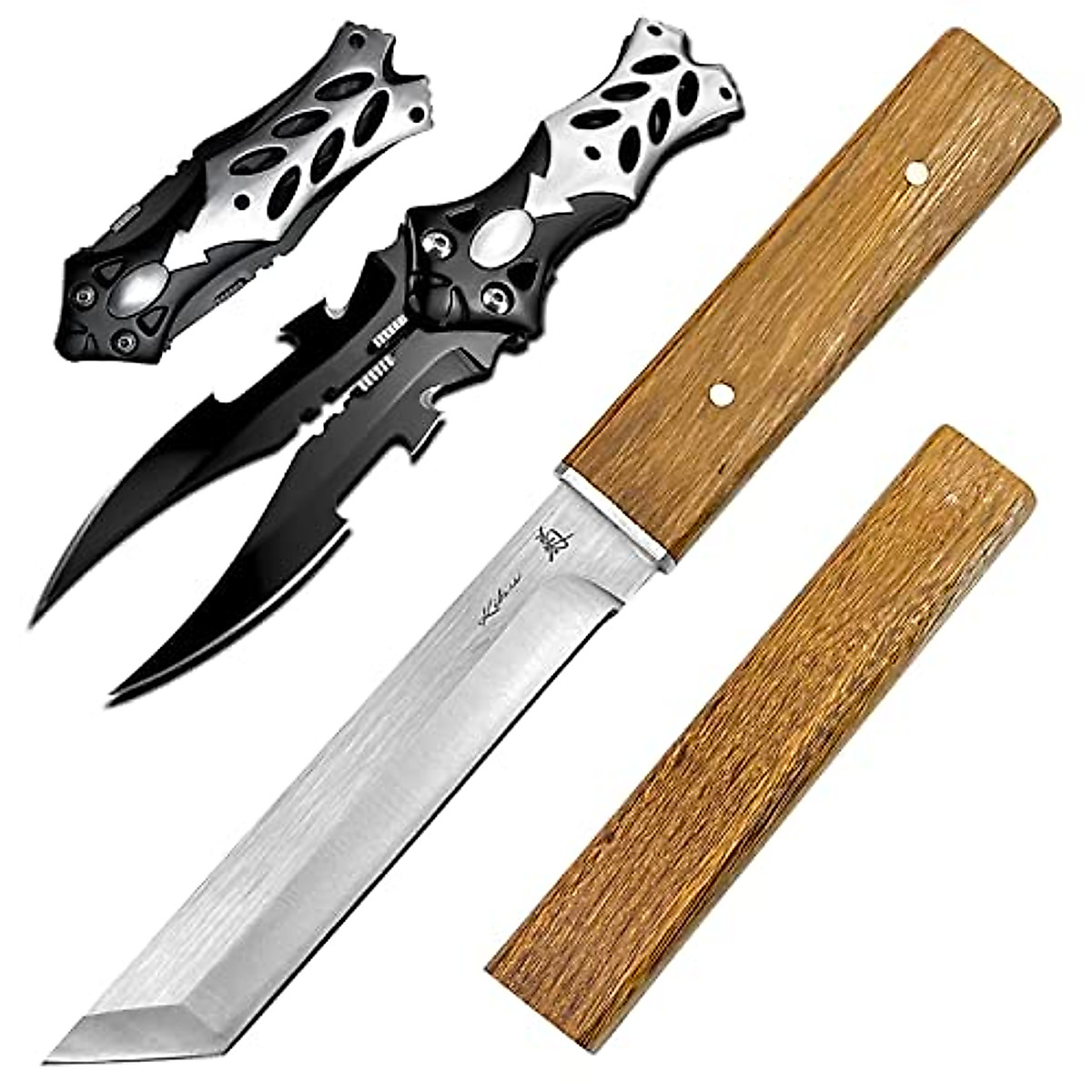 MADSABRE Bundle of 2 Items - Dual Blade Pocket Knife - Japanese Samurai Tanto Fixed Blade Katana - Perfect for Outdoor Hunting Survival Camping EDC Camping Hiking, Unique Gifts for Men