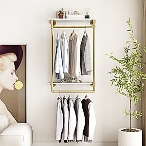 HOMEKAYT Industrial Pipe Shelving Wall Mounted 2-Tier Industrial Floating Shelves Rustic Storage Shelf for Office Bedroom Living Room-(31.5'',Gold)