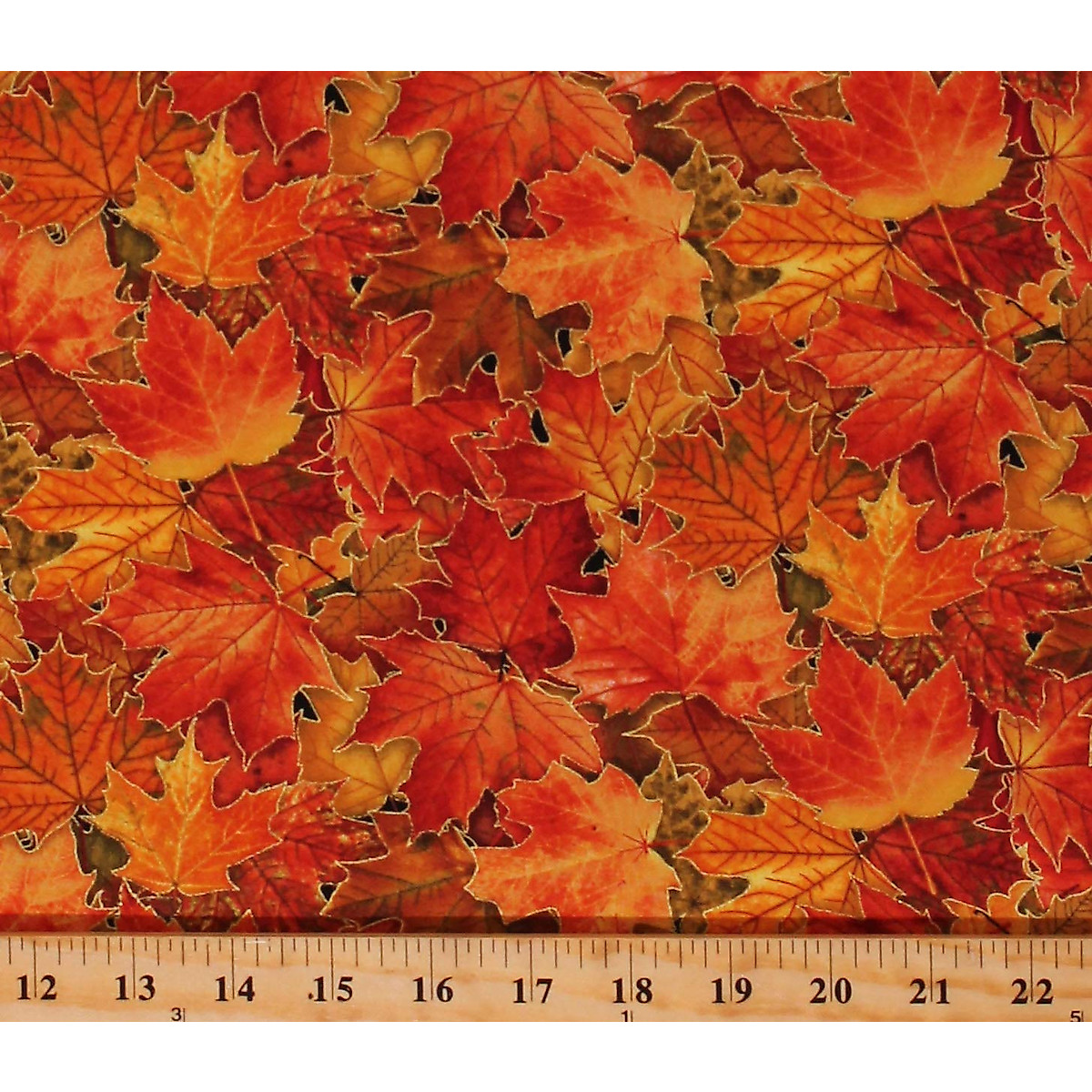 Cotton Fall Leaves Golden Orange Red Gold Metallic Shimmer Autumn Seasons Trees Harvest Time Cotton Fabric Print by The Yard (D512.42)
