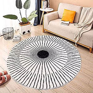 Round Rug 3.3ft, Large Non Slip Super Soft Plush Area Rug for Kids Room Playroom Living Room Bedroom, Modern Black and White Striped Floor Mat Carpet for Home Room Decorative (Light)