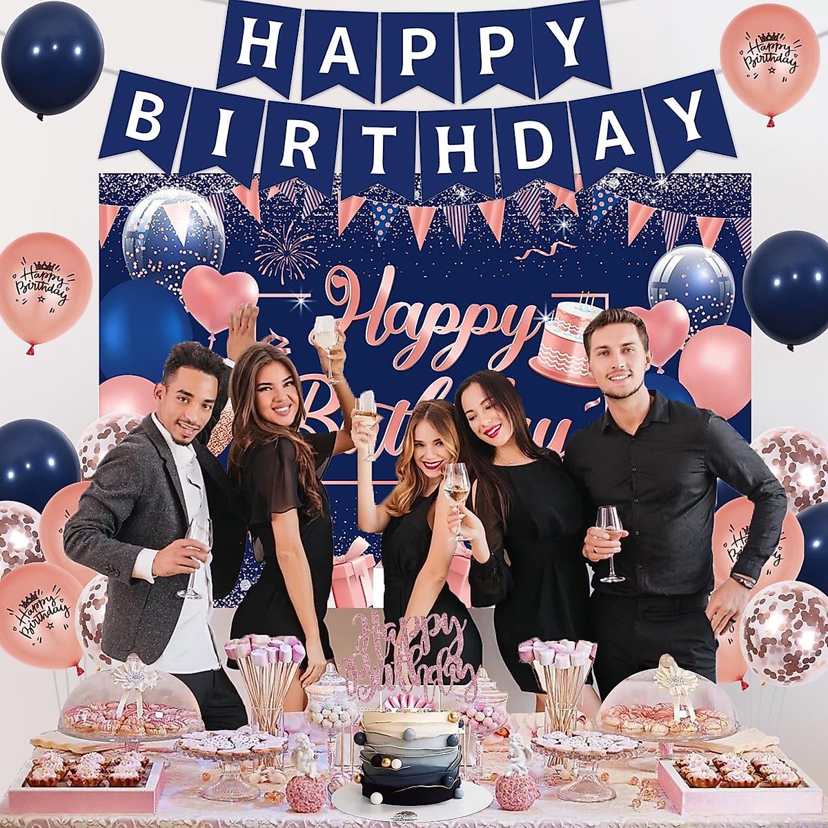 Navy Rose Gold Birthday Decorations Set for Women Girl Happy Birthday Decoration Banner Backdrop Balloon Cake Topper for 16th 18th 21st 50th 60th Birthday Party Supplies