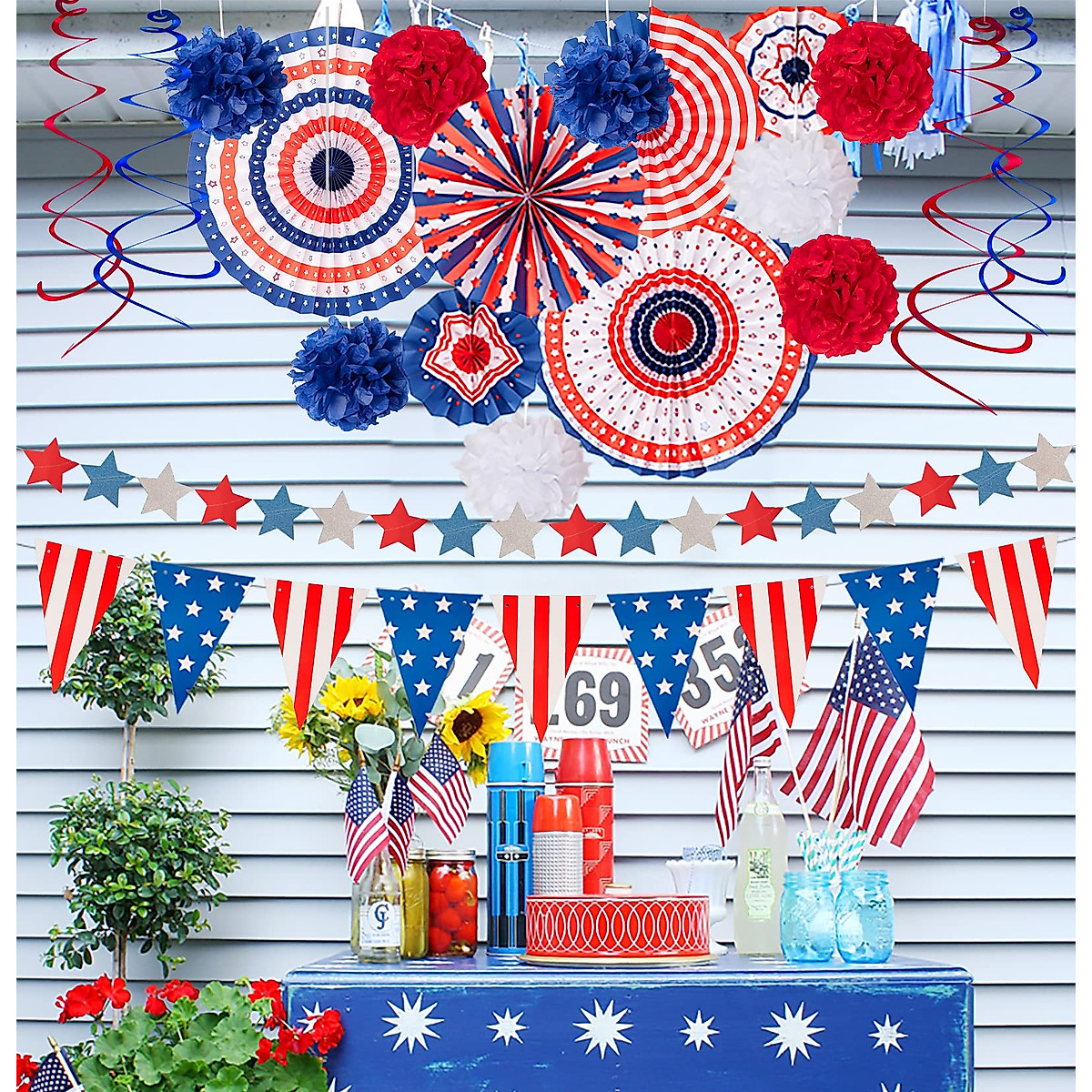 29PCS 4th/Fourth of July Patriotic Decorations Set - Red White Blue Paper Fans,USA Flag Pennant,Star Streamer,Pom Poms,Hanging Swirls Party Decor Supplies