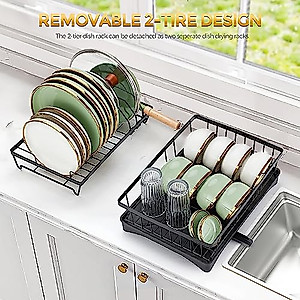 Dish Drying Rack, 2 Tier Dish Racks for Kitchen Counter, Dish Drainer Dish Rack with Pots & Pans Holder, Large Dish Drying Rack with Drainboard Utensil Holder Cup Holder Cutting Board Holder - Black