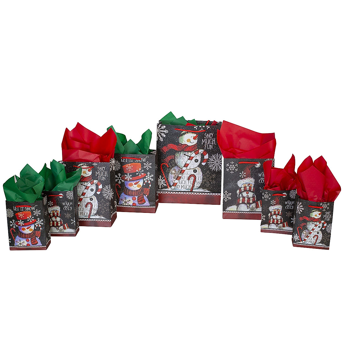 42-Pc. Chalkboard Snowman Gift Bag Set - Unique Winter Christmas Design for Kids and Adults - 14 Small, Medium, and Large Bags with 28 Red and Green Tissue Papers - Best for Presents and Party Favors