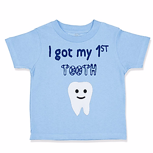 Toddler T-Shirt Funny I Got My First Tooth Funny Humor Style B Cotton First Tooth Boy & Girl Clothes Smiling Tooth Baby Funny Tee Light Blue Design Only 12 Months
